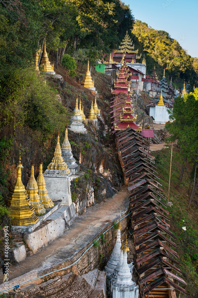 Covered staircase leading to Pindaya caves from village, Pindaya ...