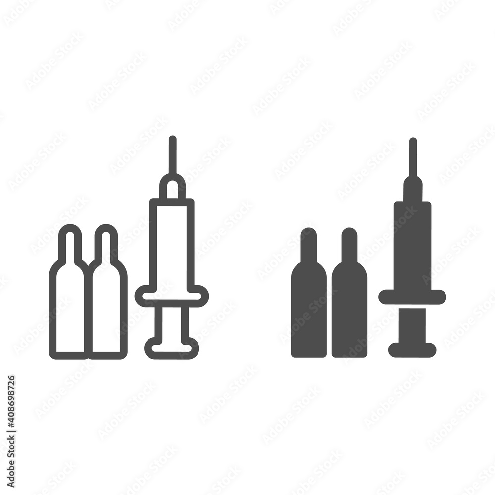 Antibiotic ampoules and syringe line and solid icon, injections concept ...