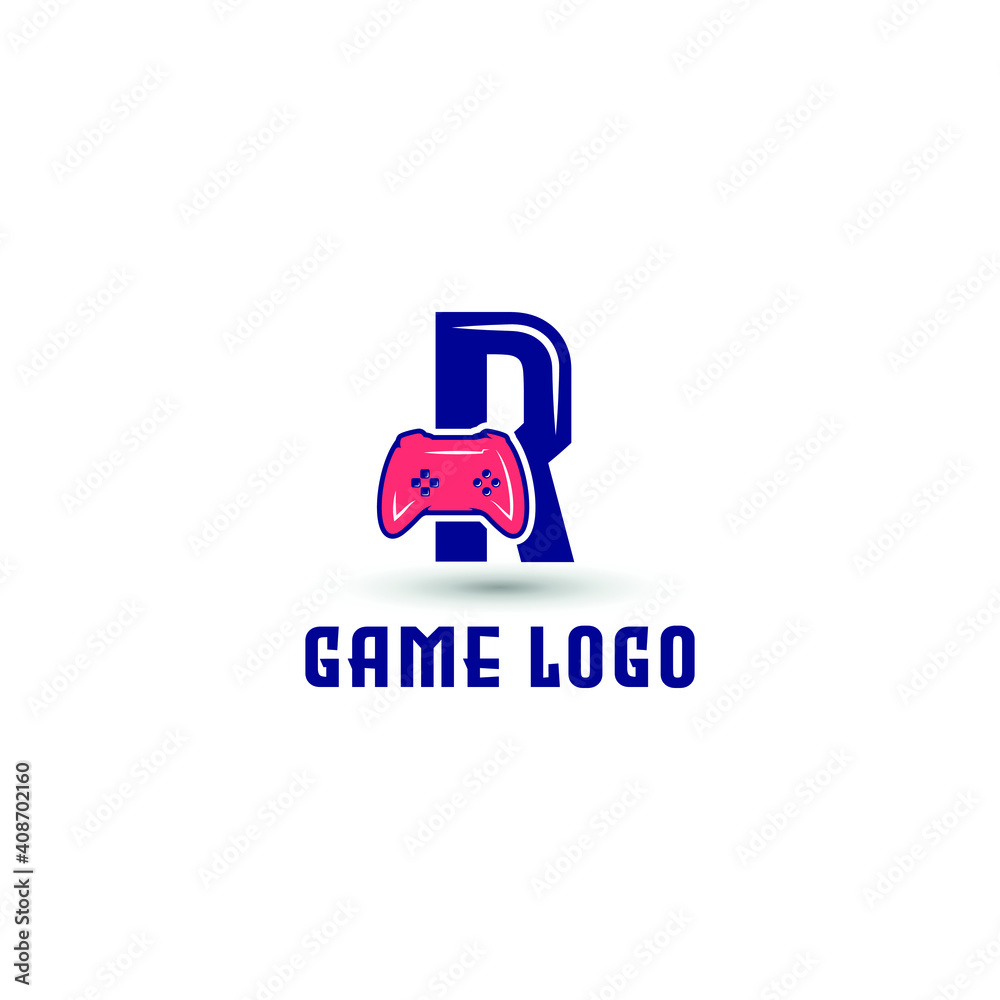 R initial letter with game console icon and pixel for gaming logo ...