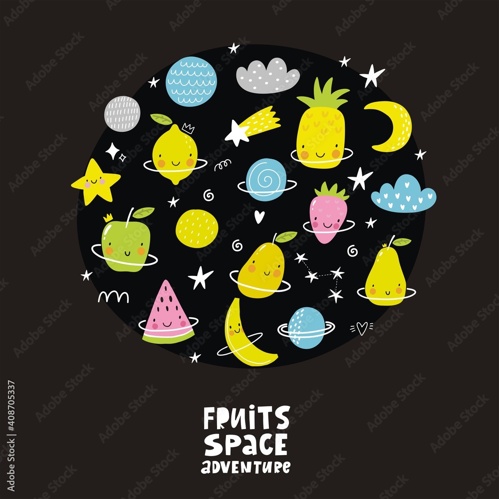 Cute cartoon fruits in space adventure. Fresh summer print for kids in ...
