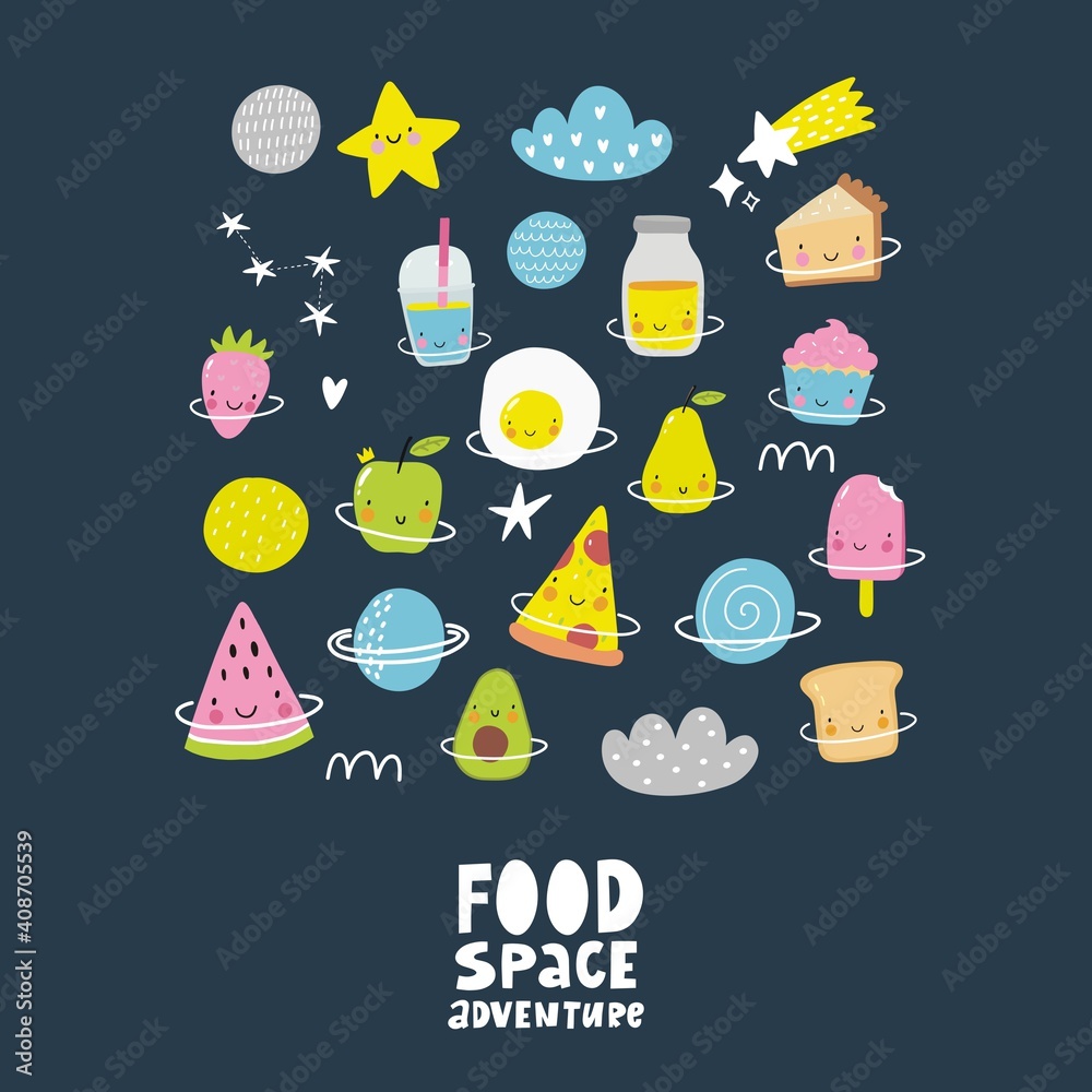 Cute cartoon fruits in space adventure. Fresh summer print for kids in ...