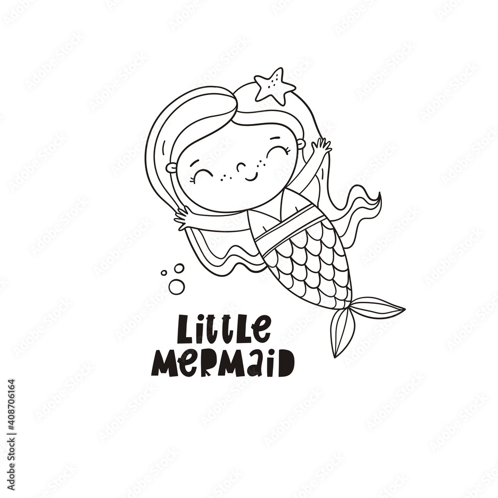 Cute cartoon little mermaid coloring page. Monochrome vector print with ...