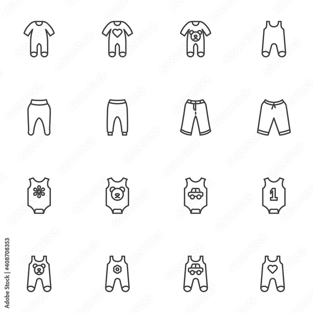 Newborn baby clothes line icons set, outline vector symbol collection ...