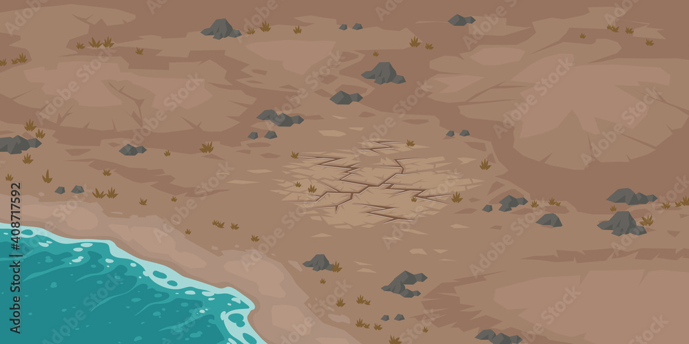 Sea beach and wasteland with dry cracked soil. Vector cartoon landscape ...