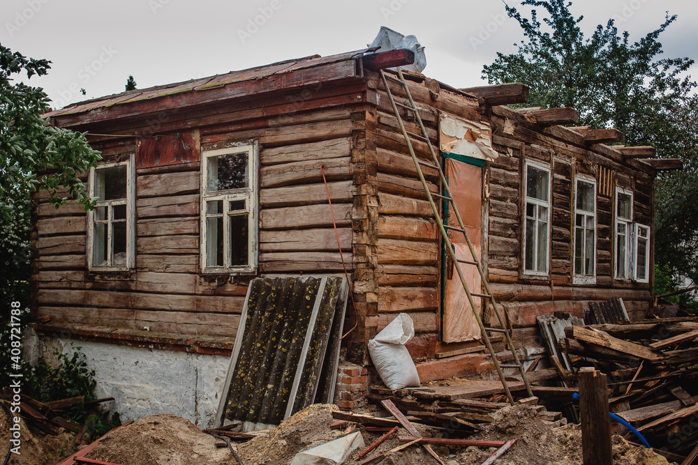 Old ruined wooden house, old house, crumbling small house, ghost town ...