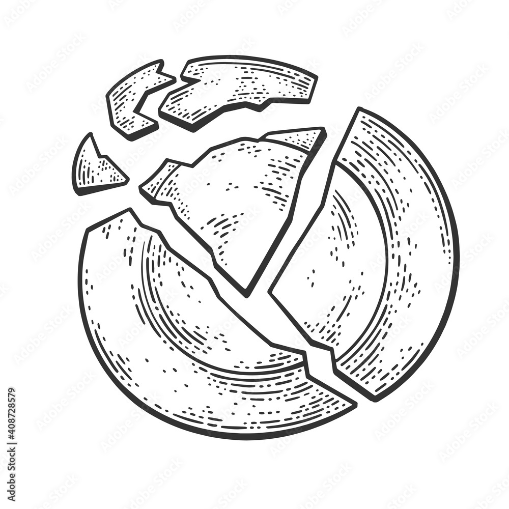 broken plate sketch engraving vector illustration. T-shirt apparel ...