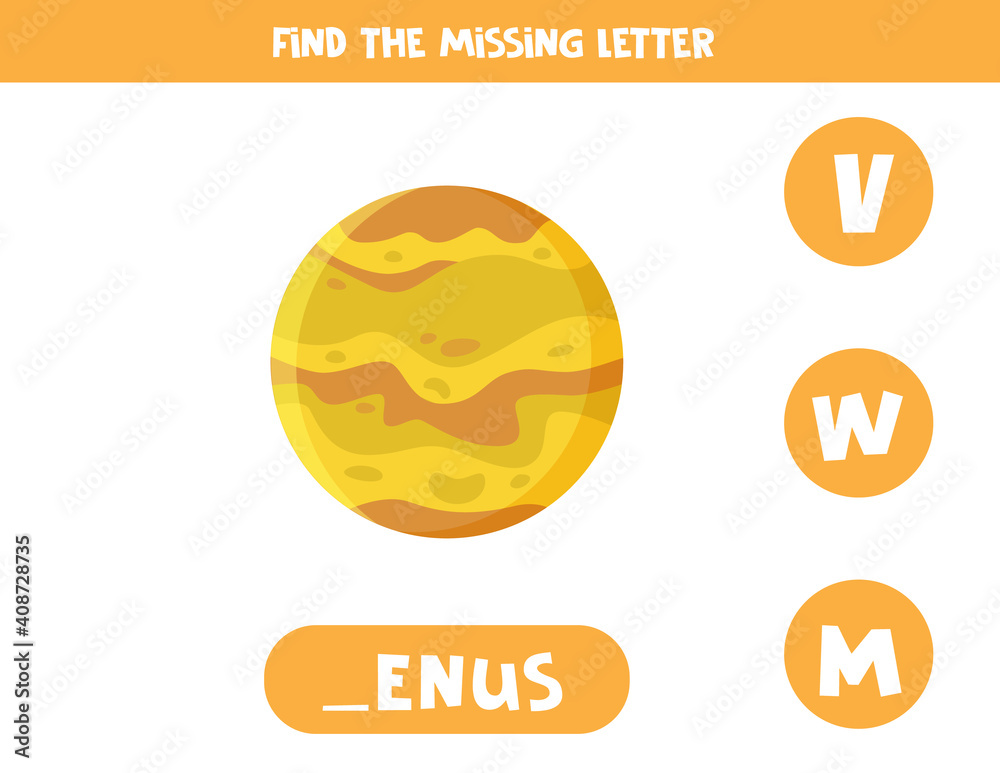 Find missing letter with cartoon Venus. Spelling worksheet. Stock ...
