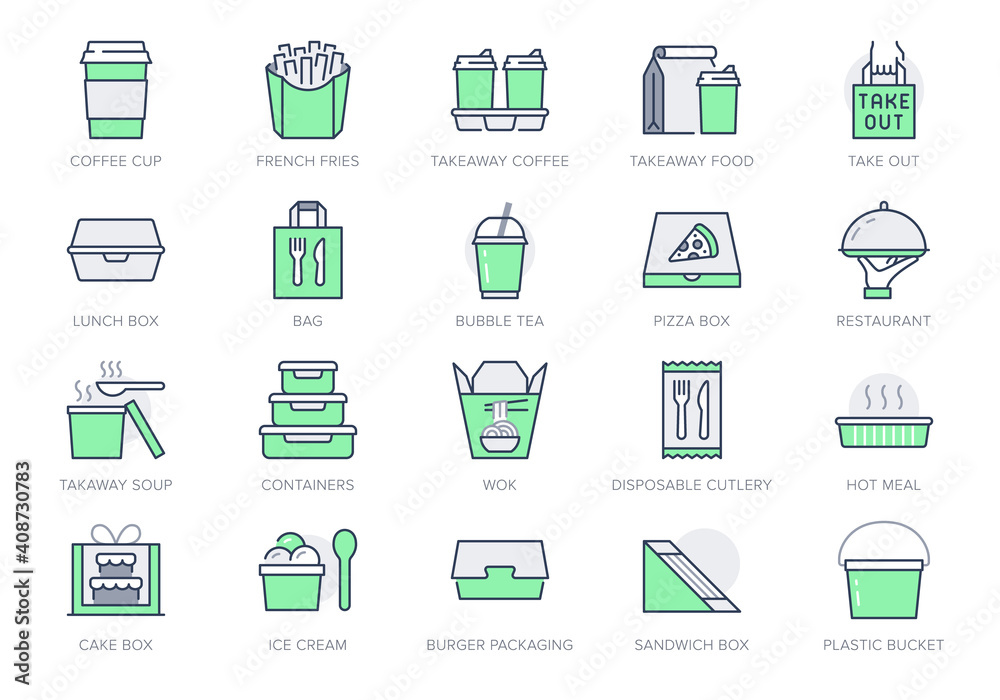 Take away food service line icons. Vector illustration with icon - box ...