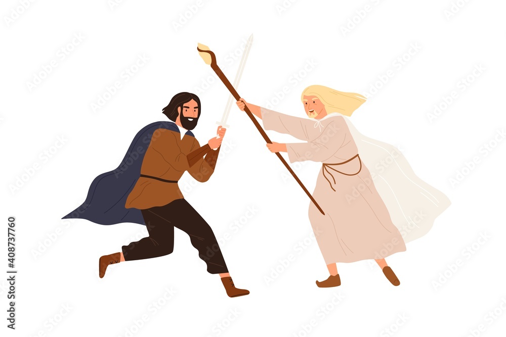 Medieval battle or duel between good and evil. Man and wizard armed ...