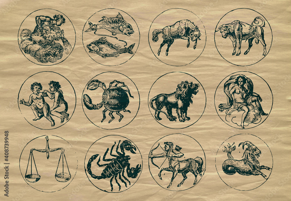 Retro vintage zodiac signs based on medieval engravings, with old paper ...