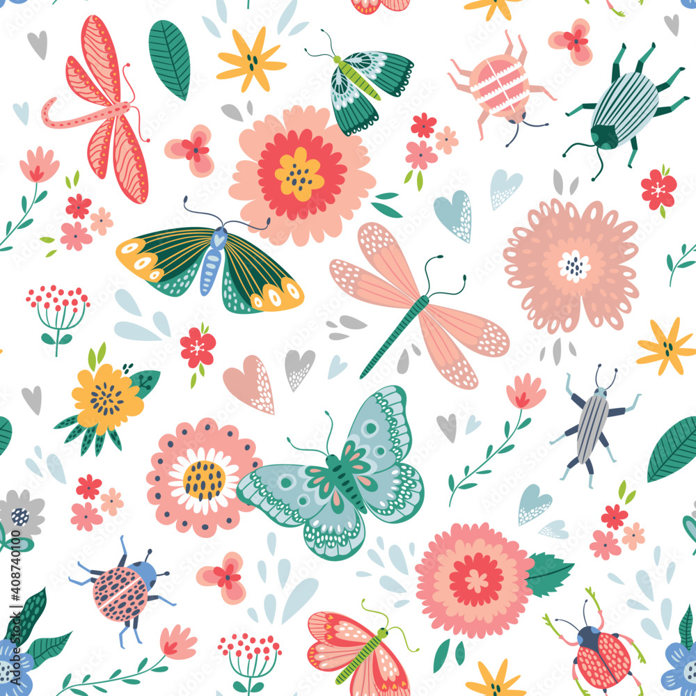Colorful seamless pattern with insects and flowers. Summer floral ...