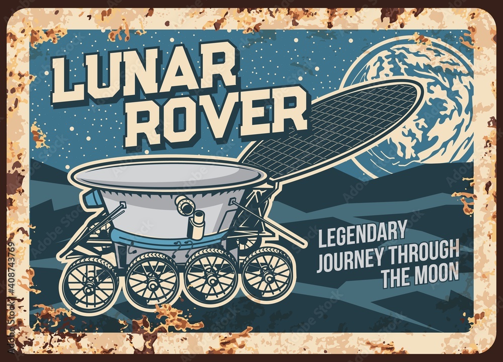 Lunar rover walk on Moon surface vector rusty metal plate. Universe ...