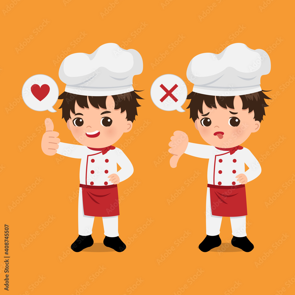 Cute chef boy showing thumb up gesture vs thumb down as sign of ...