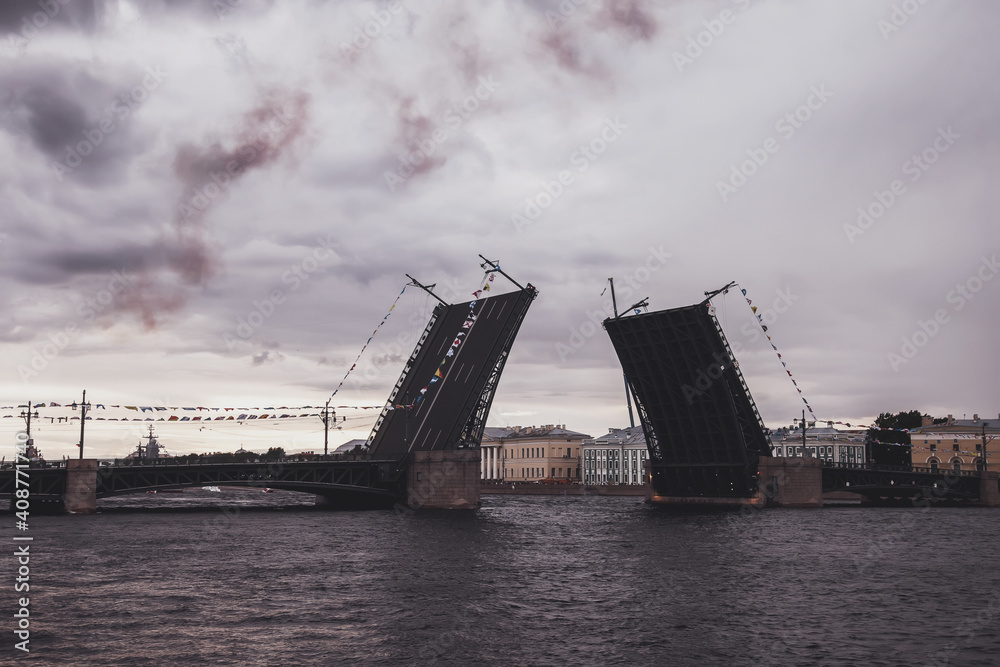 Palace Bridge raising at white night. Unique urban landscape of center ...