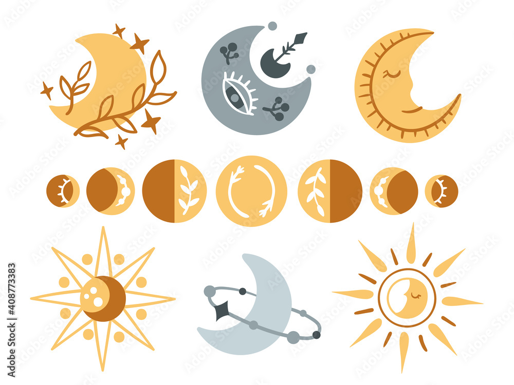 Celestial lunar boho clipart set, isolated Moon phases, sun and stars ...