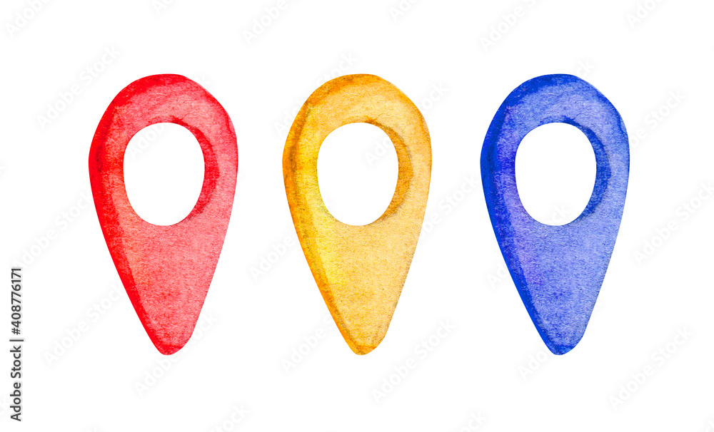 Watercolor illustration of red, yellow, blue ink color location pin set ...