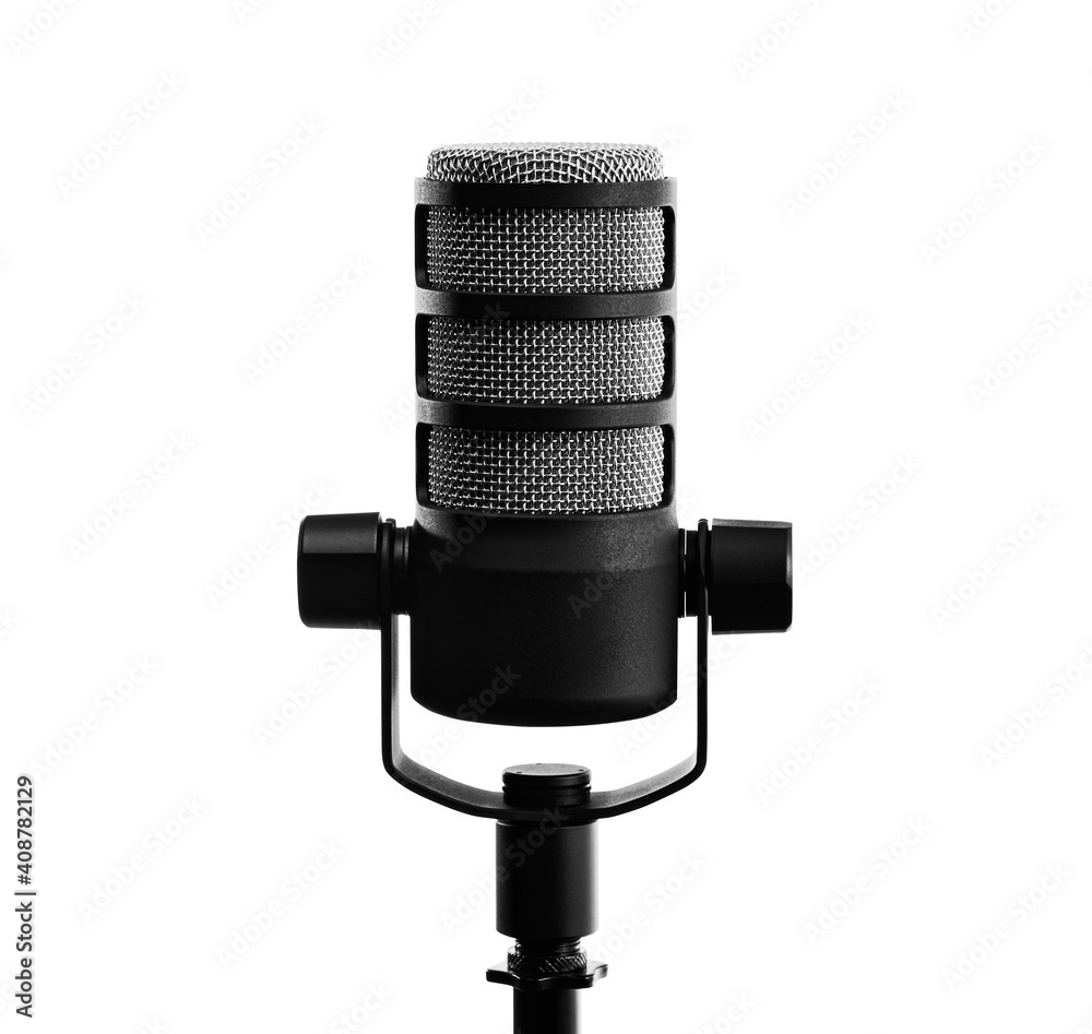 Podcast microphone on a tripod, a black metal dynamic microphone ...
