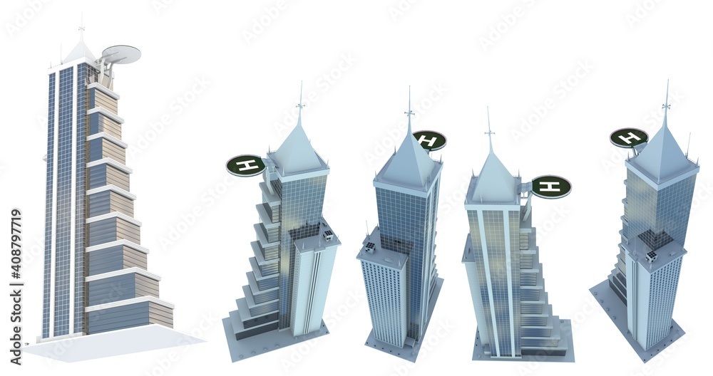 5 renders of fictional design tall buildings with helipad on roof with ...