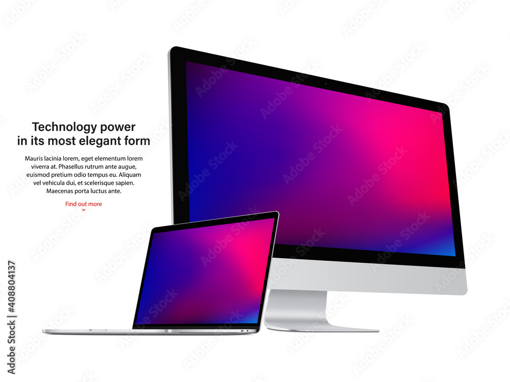 computer display and laptop silver color with colored screen saver ...