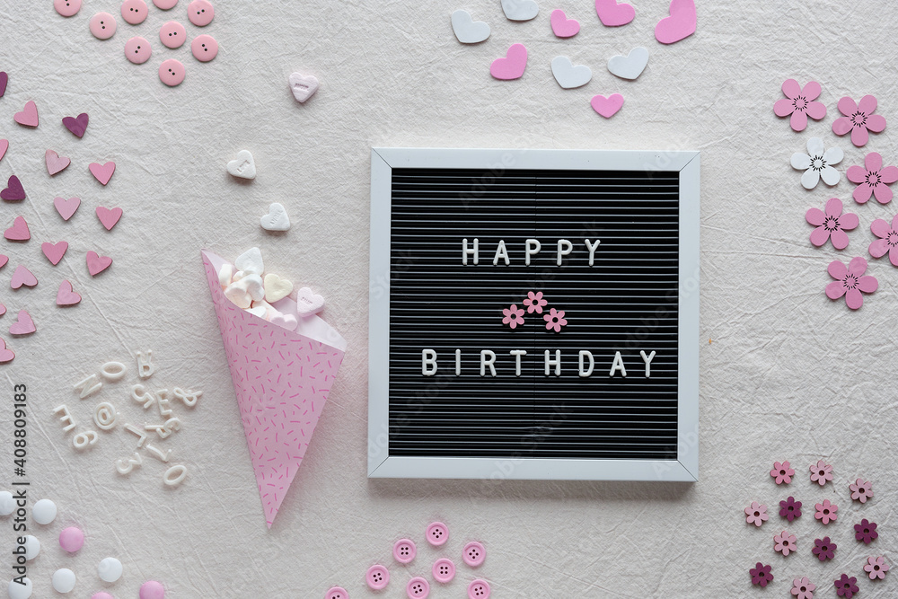 Text Happy Birthday on letter board, letterboard or pegboard. Flat lay ...