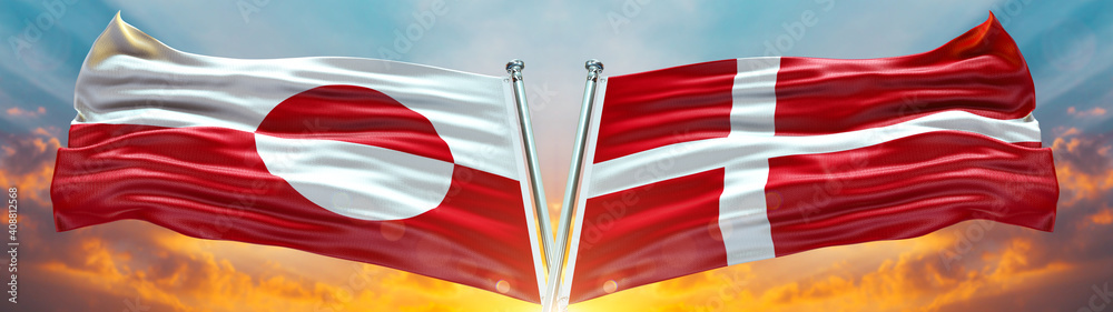 Denmark Flag and Greenland flag waving with texture sky Cloud and ...