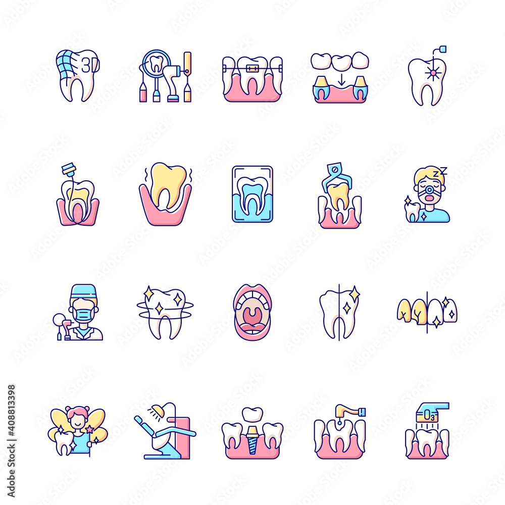 Professional stomatology RGB color icons set. Dental procedures ...