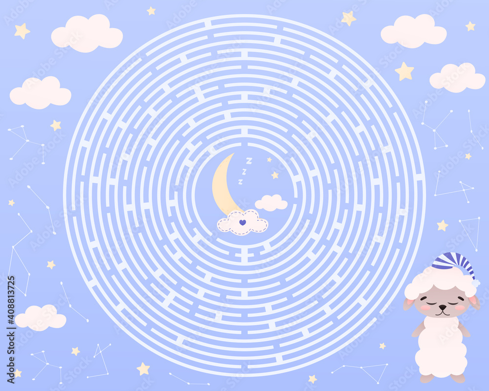 Circle maze for kids, sleeping concept, help cute sheep find way to ...