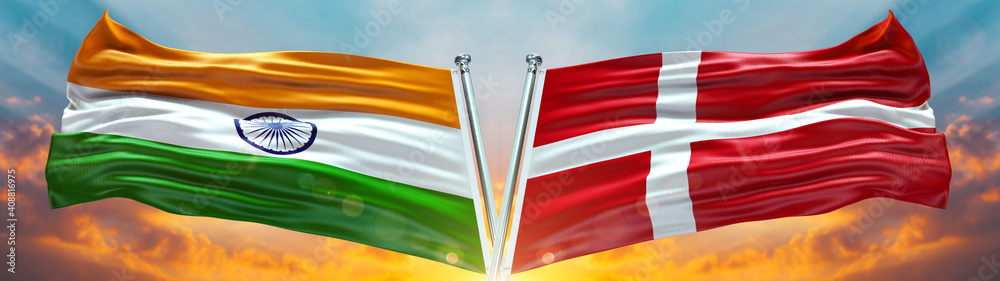 Denmark Flag and India flag waving with texture sky Cloud and sunset ...