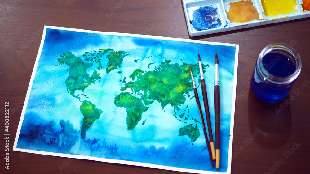 world map watercolor painting art illustration design hand drawing ...
