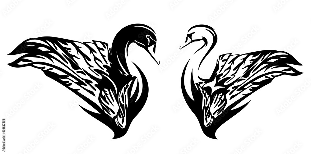 side view swan bird head and wing - black and white vector design Stock ...