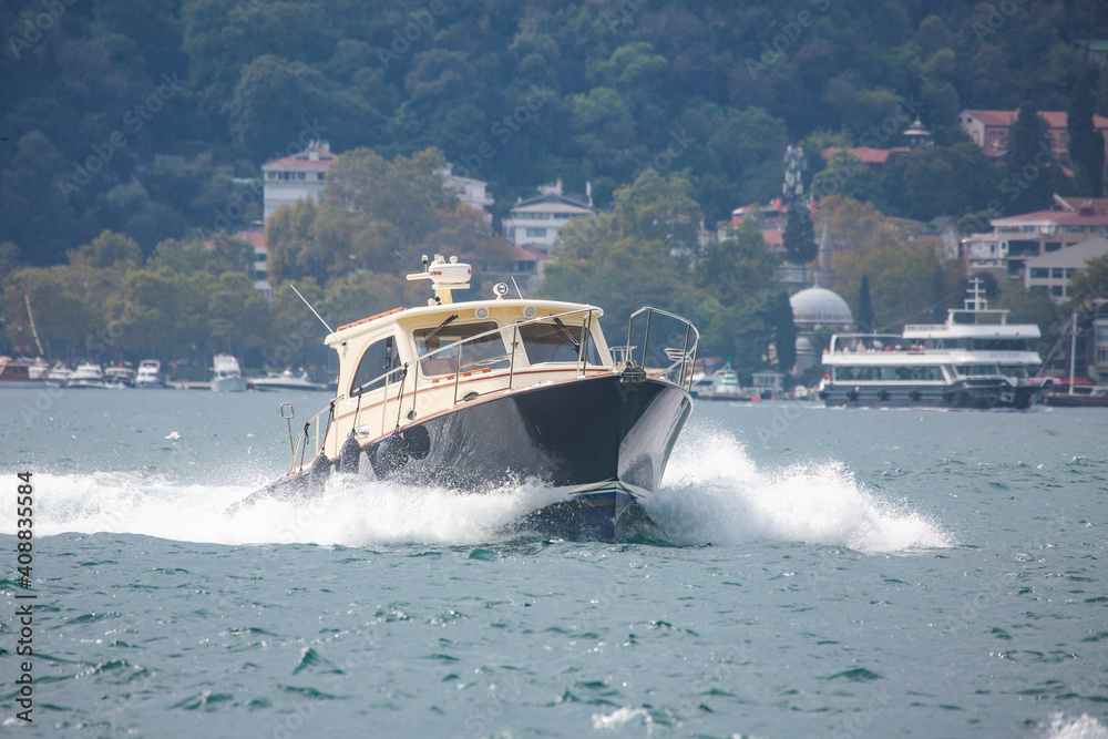 Speed Boat in Bosphorus Strait between Europe and Asia in Istanbul ...