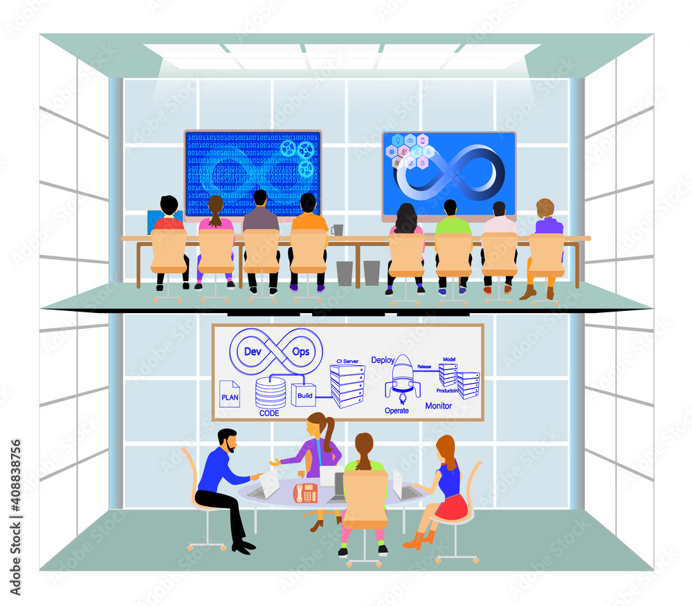 DevOps teams concept, vector illustration of different teams working together in different ...