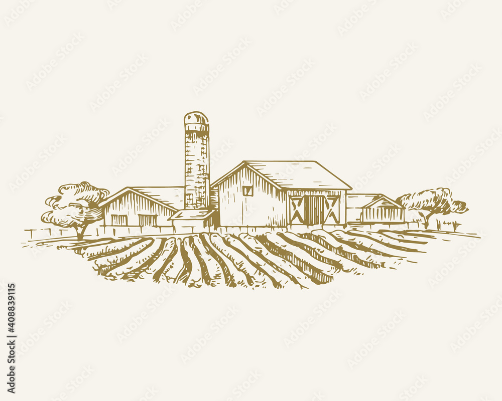 Hand Drawn Rural Buildings Landscape Vector Illustration. Farm with ...