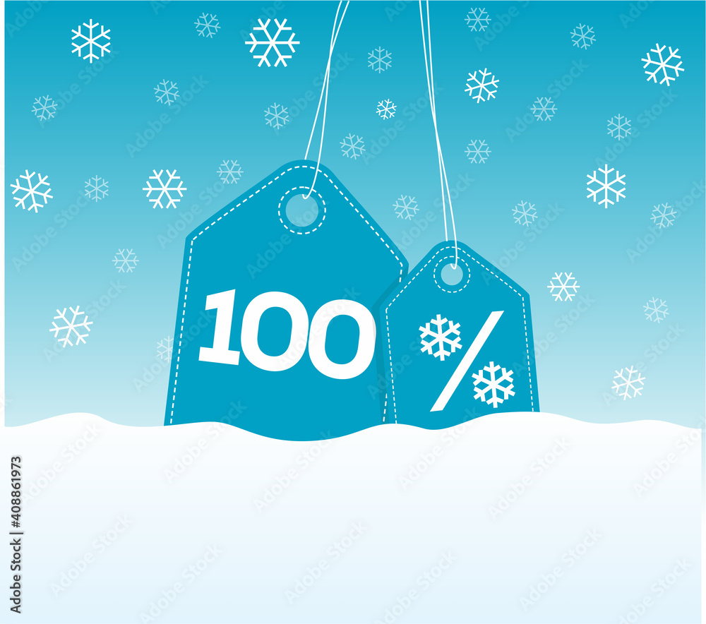 Blue shopping bag with 100% text and a snowflake percent design price ...