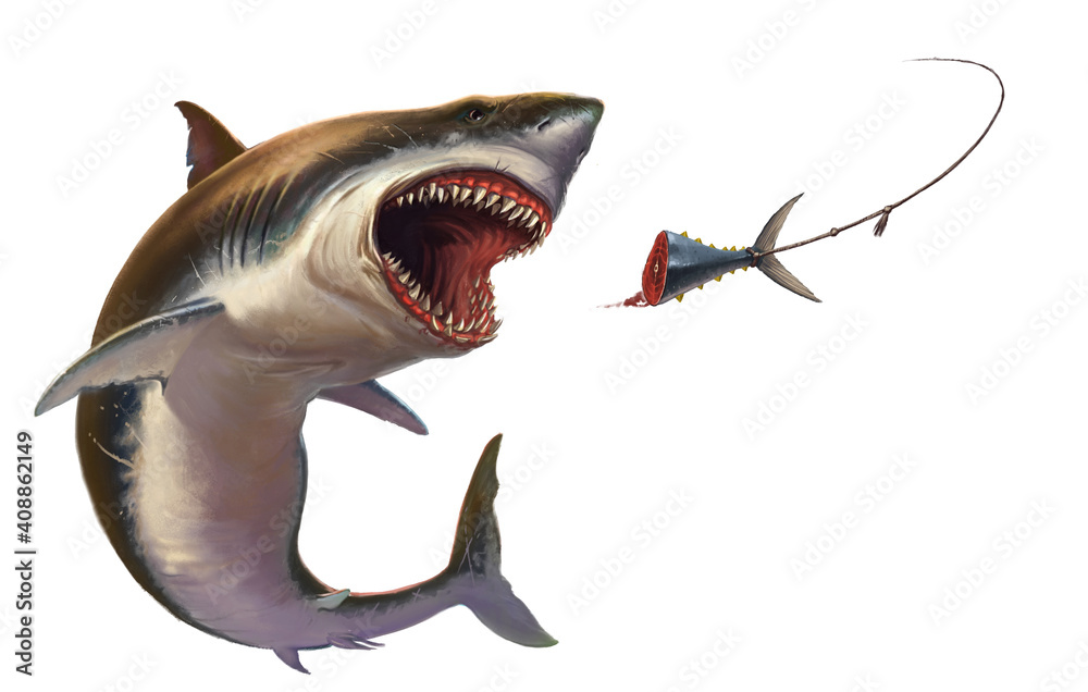 Great white shark attack bait tuna tail illustration isolate realism. A ...