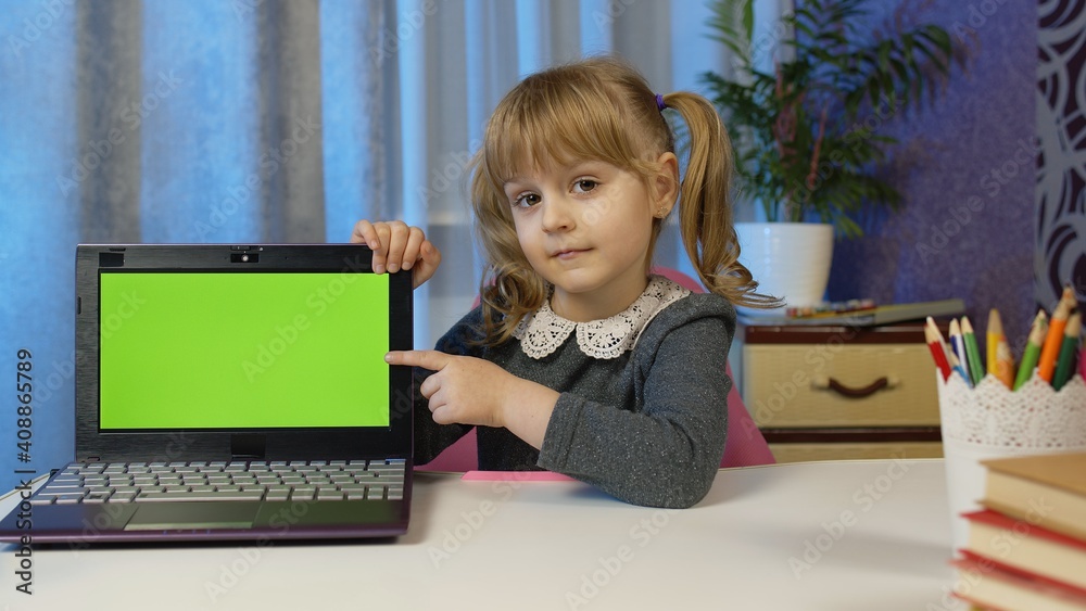 Preschool child girl distance online learning at home. Cute kid ...
