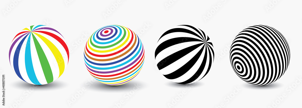Striped balls 3D. Colorful and black and white, and in color. Vector ...