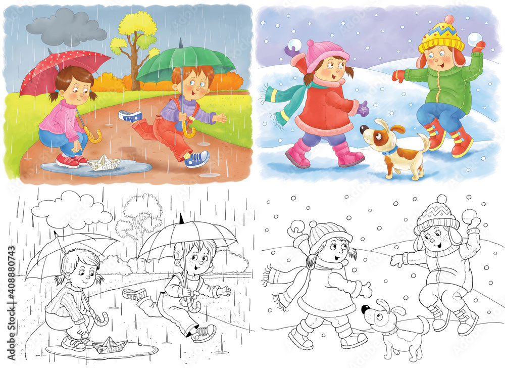 Two seasons. Autumn and winter. Cute boy and girl. Coloring page ...