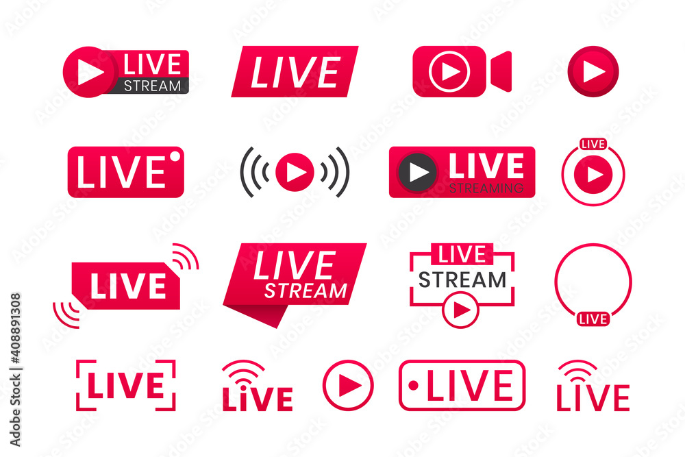 Collection of live streaming icons. Buttons for broadcasting ...