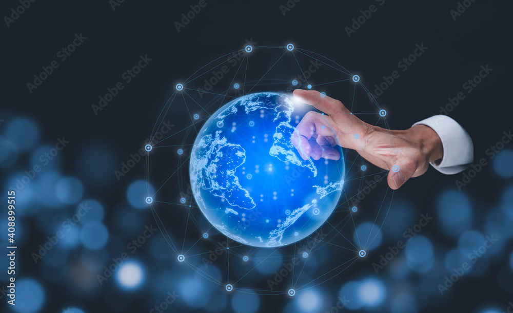 Businessman touch the earth icon in line graph Screen Icon of media ...