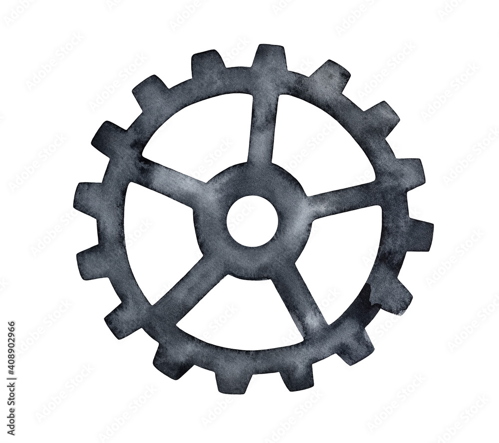 Watercolor illustration of grungy classic gear wheel. One single object ...