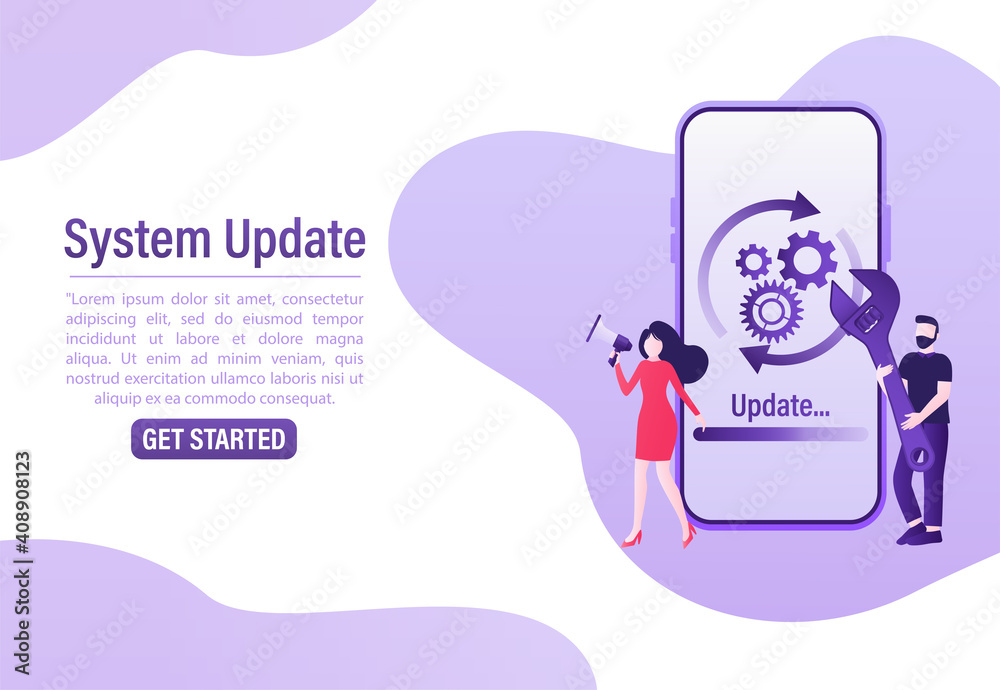 Cartoon software update people for mobile app design. Isometric vector ...