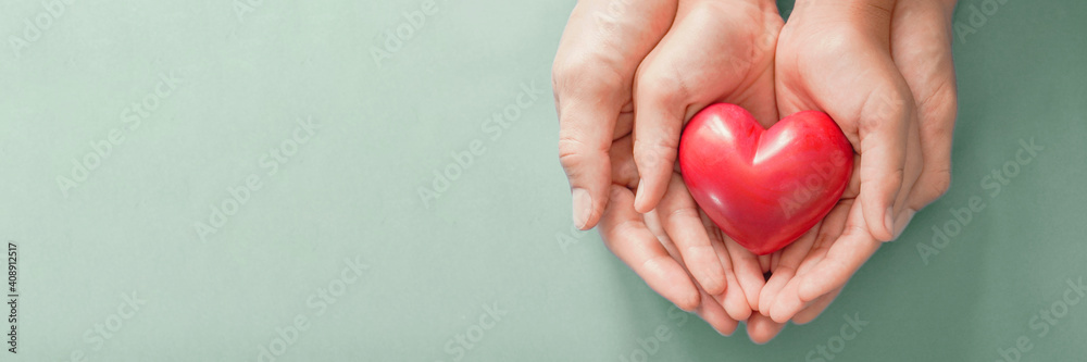 Adult and child hands holding Red heart , heart health, donation ...