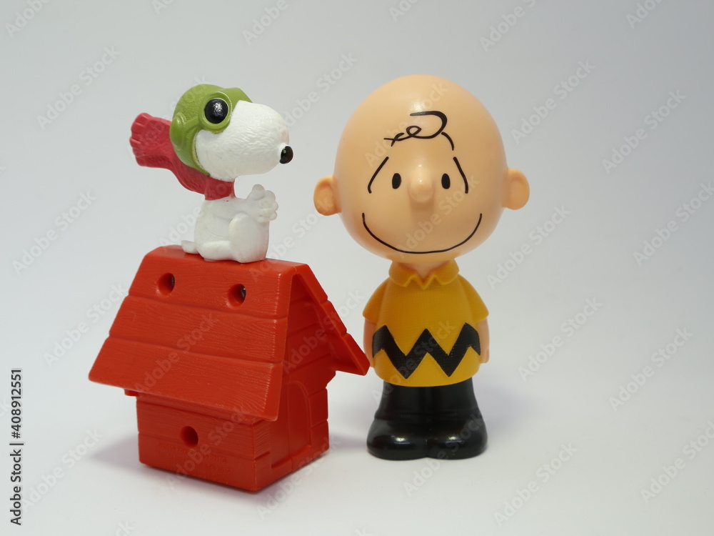 Figure of Charlie Brown and his dog Snoopy aviator. Comic strip ...