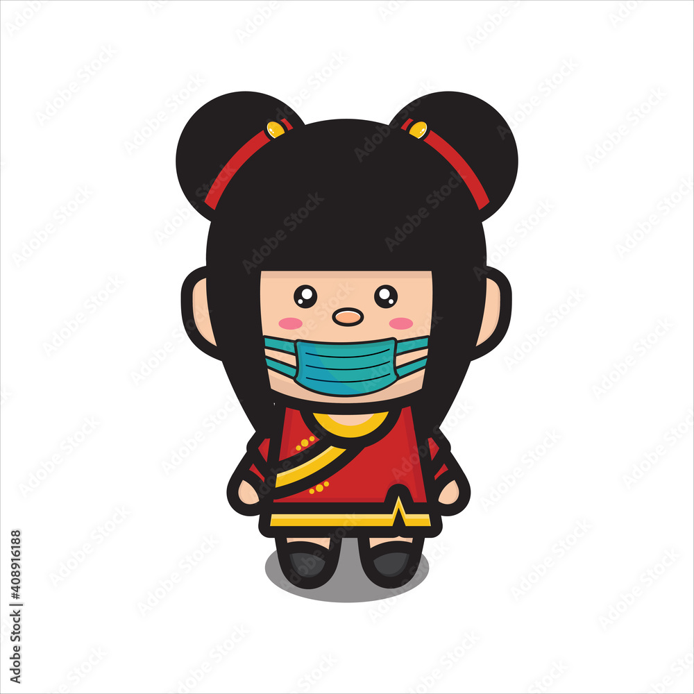 cute chinese girl in traditional costume wear mask, mascot character ...