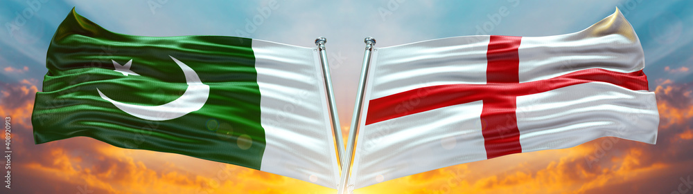 England Flag and Pakistan flag waving with texture sky Cloud and sunset ...