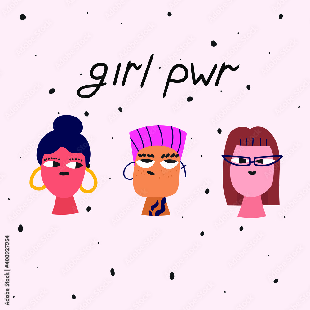vector postcard - various portraits of women.Girls power poster for ...