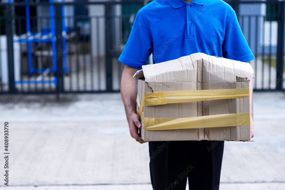 Asian delivery man in blue uniform he emotional falling courier courier ...