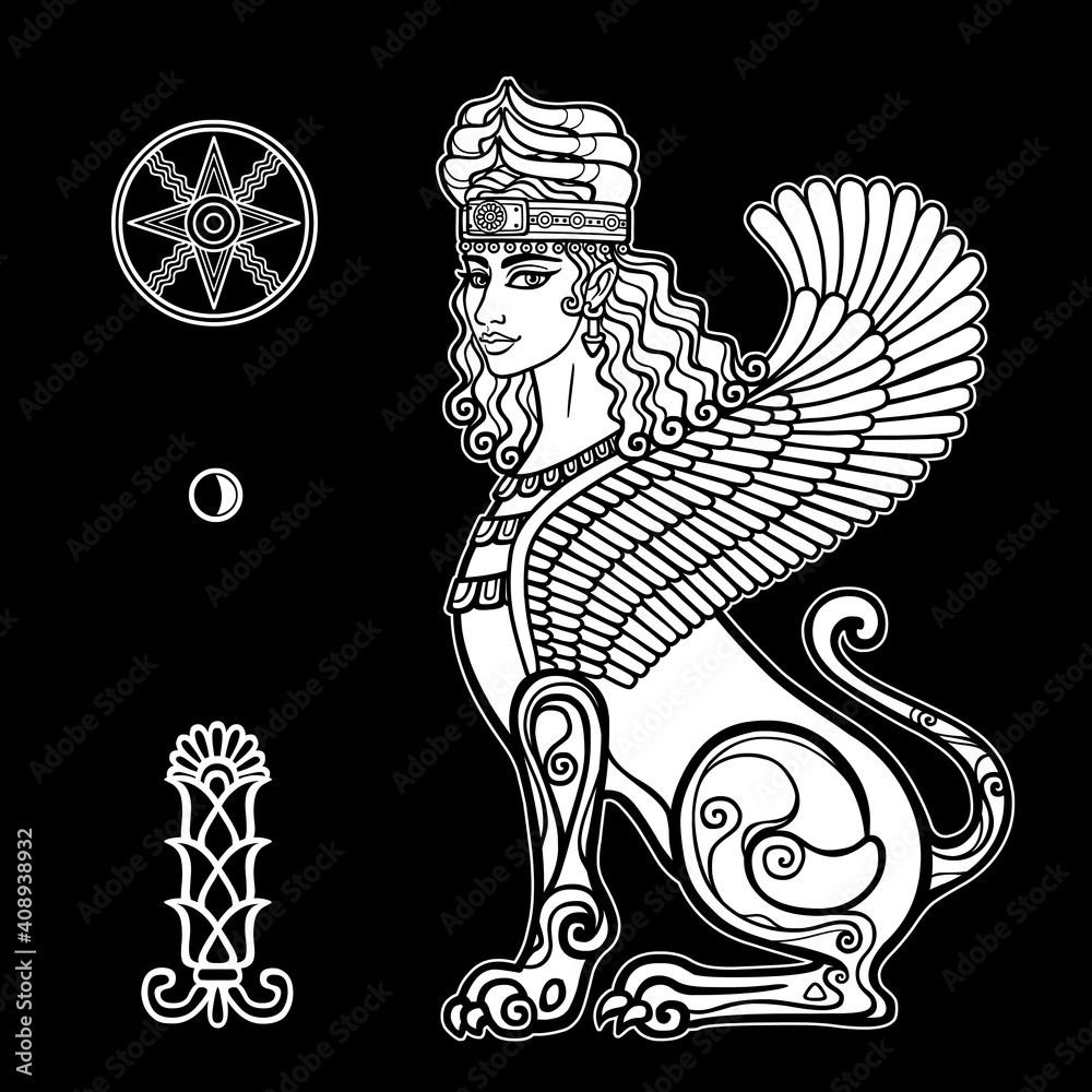 Animation drawing: sphinx woman with lion body and wings, a character ...