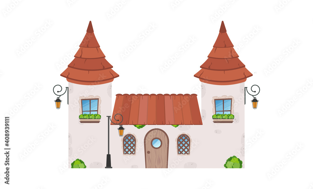 House with towers. Stone building with windows, door and roof. Cartoon ...